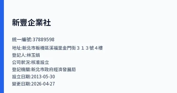 新豐企業社的照片-統編 37889598(新北市) 公司登記資料與營業項目詳細圖表