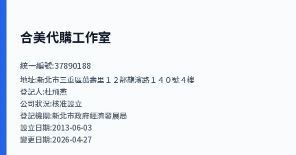 合美代購工作室的照片-統編 37890188(新北市) 公司登記資料與營業項目詳細圖表