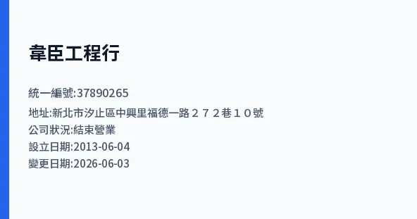 韋臣工程行的照片-統編 37890265(新北市) 公司登記資料與營業項目詳細圖表