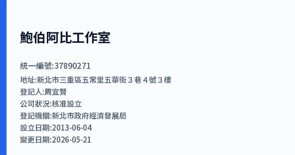 鮑伯阿比工作室的照片-統編 37890271(新北市) 公司登記資料與營業項目詳細圖表