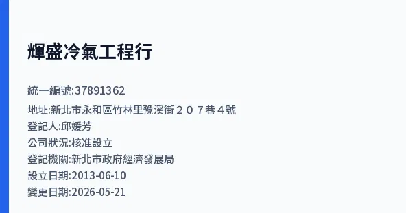 輝盛冷氣工程行的照片-統編 37891362(新北市) 公司登記資料與營業項目詳細圖表
