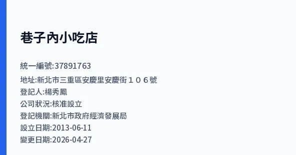 巷子內小吃店的照片-統編 37891763(新北市) 公司登記資料與營業項目詳細圖表