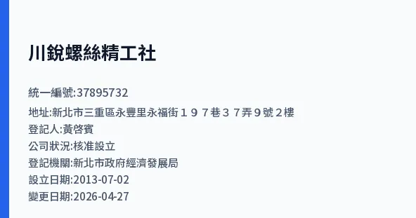 川銳螺絲精工社的照片-統編 37895732(新北市) 公司登記資料與營業項目詳細圖表