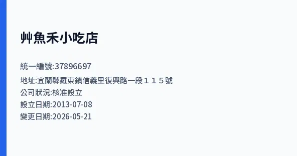 艸魚禾小吃店的照片-統編 37896697(宜蘭縣) 公司登記資料與營業項目詳細圖表