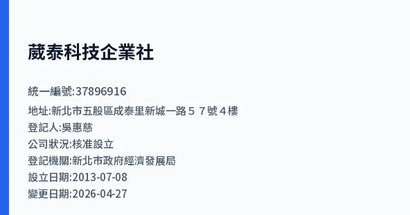 葳泰科技企業社的照片-統編 37896916(新北市) 公司登記資料與營業項目詳細圖表