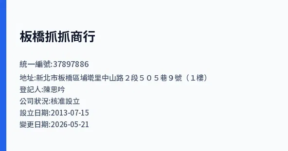 板橋抓抓商行的照片-統編 37897886(新北市) 公司登記資料與營業項目詳細圖表