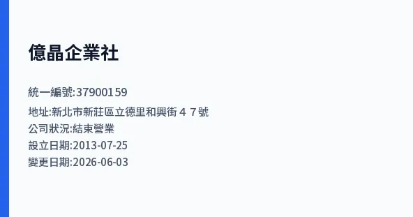 億晶企業社的照片-統編 37900159(新北市) 公司登記資料與營業項目詳細圖表
