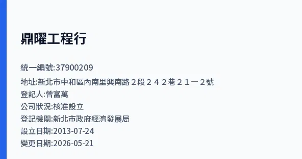 鼎曜工程行的照片-統編 37900209(新北市) 公司登記資料與營業項目詳細圖表