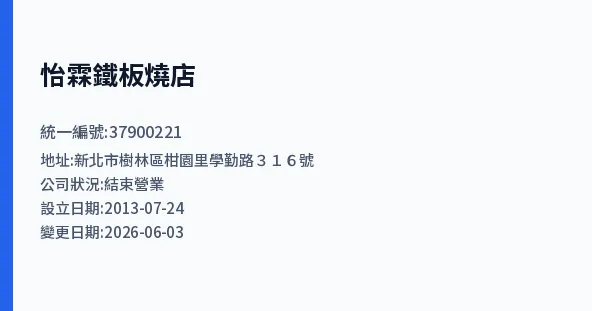 怡霖鐵板燒店的照片-統編 37900221(新北市) 公司登記資料與營業項目詳細圖表