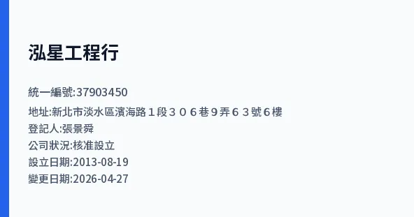 泓星工程行的照片-統編 37903450(新北市) 公司登記資料與營業項目詳細圖表