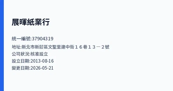 展暉紙業行的照片-統編 37904319(新北市) 公司登記資料與營業項目詳細圖表