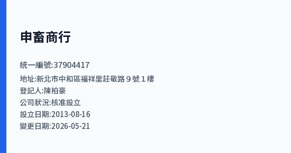 申畜商行的照片-統編 37904417(新北市) 公司登記資料與營業項目詳細圖表