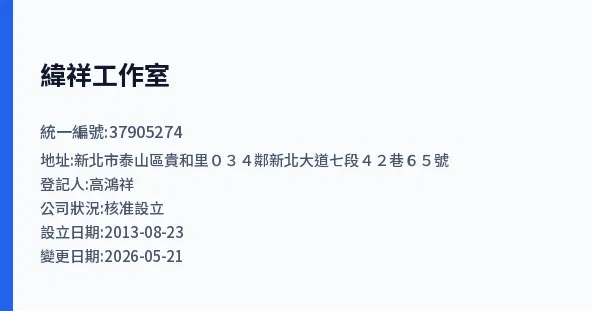 緯祥工作室的照片-統編 37905274(新北市) 公司登記資料與營業項目詳細圖表