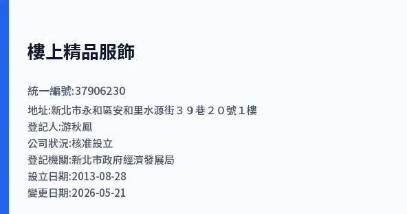 樓上精品服飾的照片-統編 37906230(新北市) 公司登記資料與營業項目詳細圖表