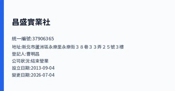 昌盛實業社的照片-統編 37906365(新北市) 公司登記資料與營業項目詳細圖表