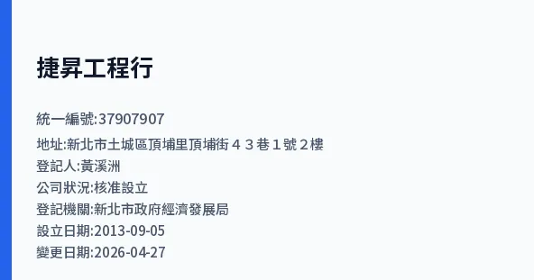 捷昇工程行的照片-統編 37907907(新北市) 公司登記資料與營業項目詳細圖表