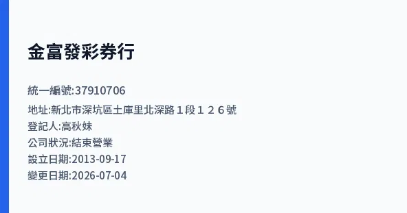 金富發彩券行的照片-統編 37910706(新北市) 公司登記資料與營業項目詳細圖表