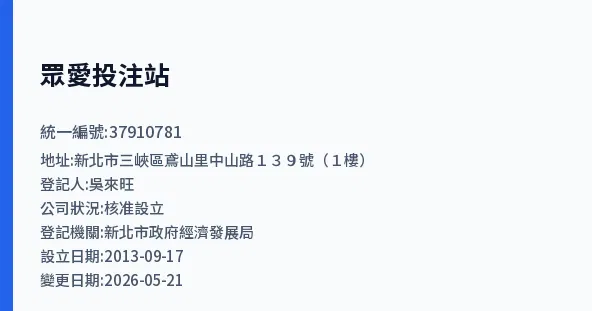 眾愛投注站的照片-統編 37910781(新北市) 公司登記資料與營業項目詳細圖表