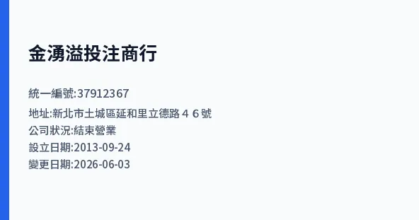 金湧溢投注商行的照片-統編 37912367(新北市) 公司登記資料與營業項目詳細圖表