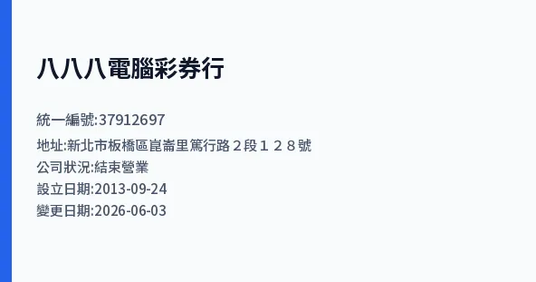 八八八電腦彩券行的照片-統編 37912697(新北市) 公司登記資料與營業項目詳細圖表