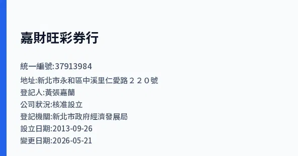 嘉財旺彩券行的照片-統編 37913984(新北市) 公司登記資料與營業項目詳細圖表