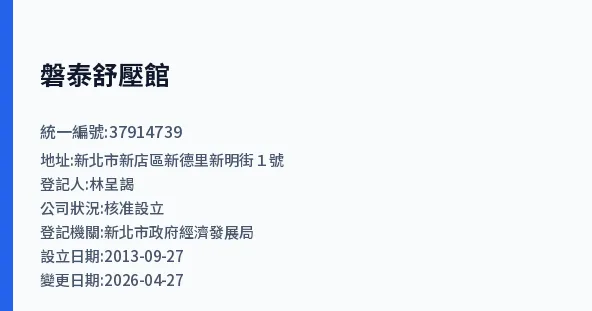 磐泰舒壓館的照片-統編 37914739(新北市) 公司登記資料與營業項目詳細圖表