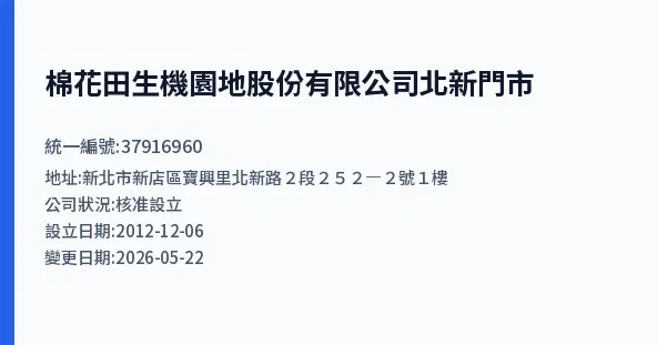 棉花田生機園地股份有限公司北新門市的照片-統編 37916960(新北市) 公司登記資料與營業項目詳細圖表