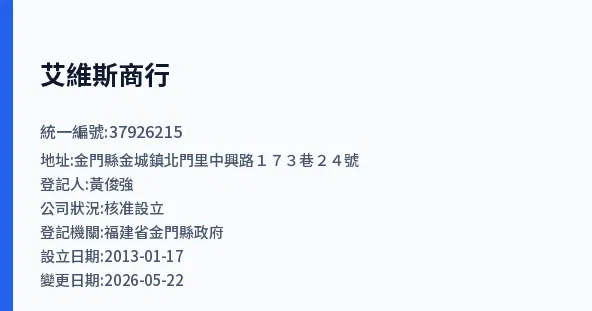 艾維斯商行的照片-統編 37926215(金門縣) 公司登記資料與營業項目詳細圖表