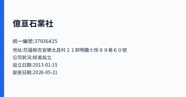 億亘石業社的照片-統編 37936425(花蓮縣) 公司登記資料與營業項目詳細圖表