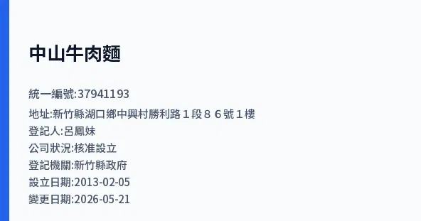 中山牛肉麵的照片-統編 37941193(新竹縣) 公司登記資料與營業項目詳細圖表