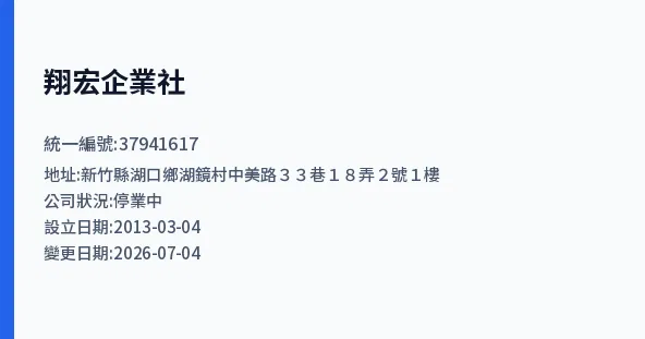 翔宏企業社的照片-統編 37941617(新竹縣) 公司登記資料與營業項目詳細圖表