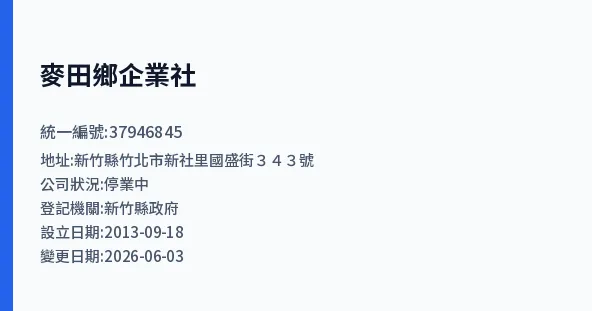麥田鄉企業社的照片-統編 37946845(新竹縣) 公司登記資料與營業項目詳細圖表