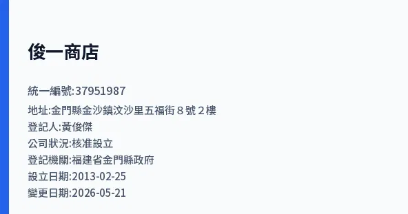 俊一商店的照片-統編 37951987(金門縣) 公司登記資料與營業項目詳細圖表