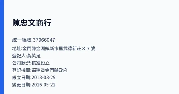 陳忠文商行的照片-統編 37966047(金門縣) 公司登記資料與營業項目詳細圖表