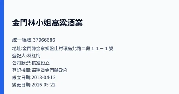 金門林小姐高粱酒業的照片-統編 37966686(金門縣) 公司登記資料與營業項目詳細圖表