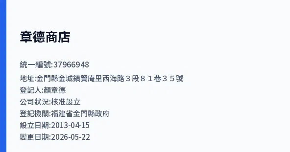 章德商店的照片-統編 37966948(金門縣) 公司登記資料與營業項目詳細圖表