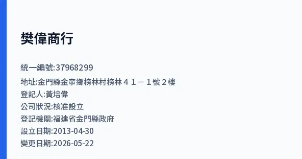 樊偉商行的照片-統編 37968299(金門縣) 公司登記資料與營業項目詳細圖表