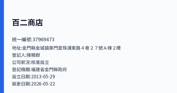 百二商店的照片-統編 37969473(金門縣) 公司登記資料與營業項目詳細圖表