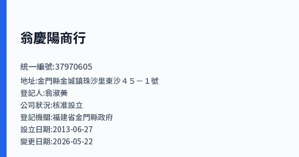 翁慶陽商行的照片-統編 37970605(金門縣) 公司登記資料與營業項目詳細圖表
