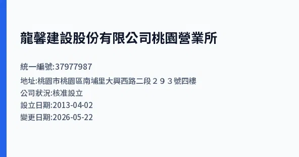 龍馨建設股份有限公司桃園營業所的照片-統編 37977987(桃園市) 公司登記資料與營業項目詳細圖表