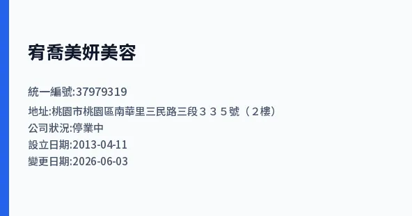 宥喬美妍美容的照片-統編 37979319(桃園市) 公司登記資料與營業項目詳細圖表