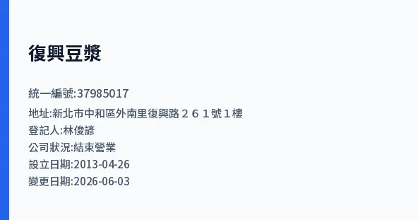 復興豆漿的照片-統編 37985017(新北市) 公司登記資料與營業項目詳細圖表