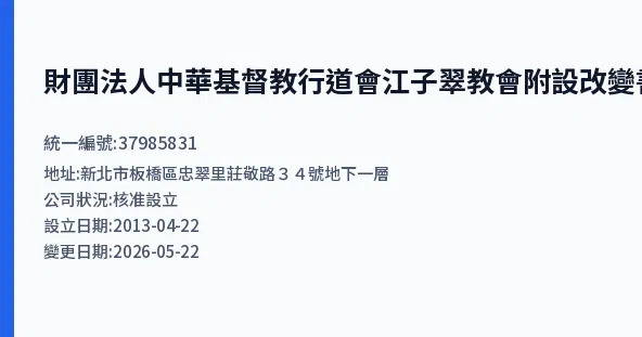 財團法人中華基督教行道會江子翠教會附設改變書房的照片-統編 37985831(新北市) 公司登記資料與營業項目詳細圖表