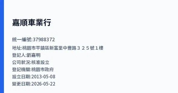 嘉順車業行的照片-統編 37988372(桃園市) 公司登記資料與營業項目詳細圖表
