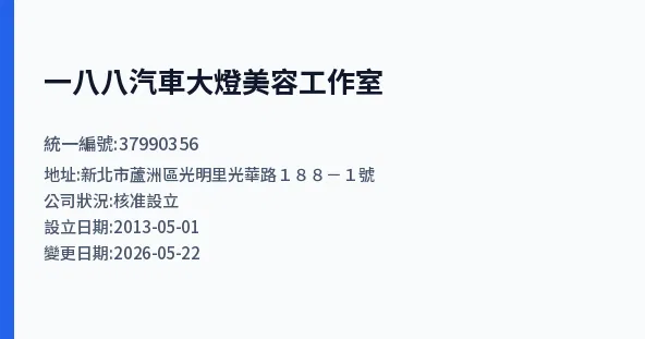 一八八汽車大燈美容工作室的照片-統編 37990356(新北市) 公司登記資料與營業項目詳細圖表
