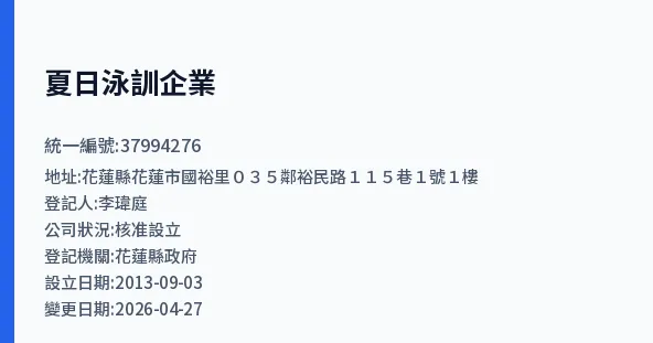 夏日泳訓企業的照片-統編 37994276(花蓮縣) 公司登記資料與營業項目詳細圖表
