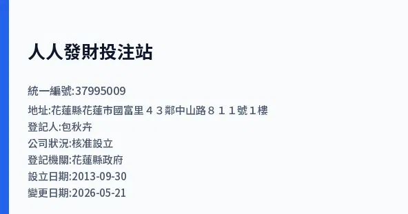 人人發財投注站的照片-統編 37995009(花蓮縣) 公司登記資料與營業項目詳細圖表