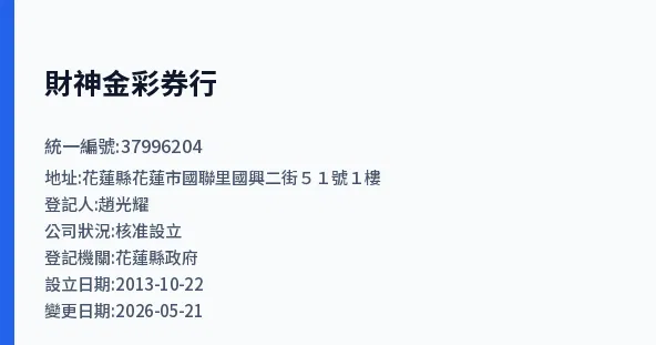 財神金彩券行的照片-統編 37996204(花蓮縣) 公司登記資料與營業項目詳細圖表