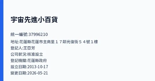 宇宙先進小百貨的照片-統編 37996210(花蓮縣) 公司登記資料與營業項目詳細圖表