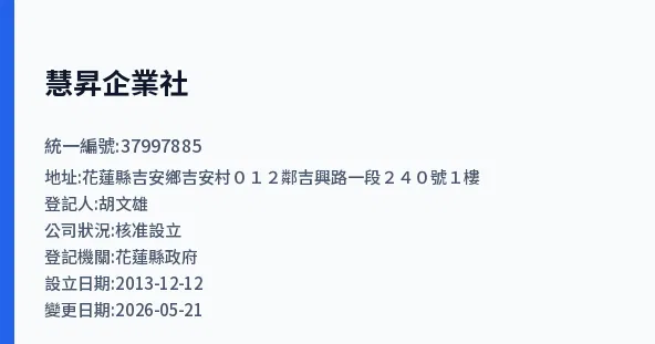 慧昇企業社的照片-統編 37997885(花蓮縣) 公司登記資料與營業項目詳細圖表